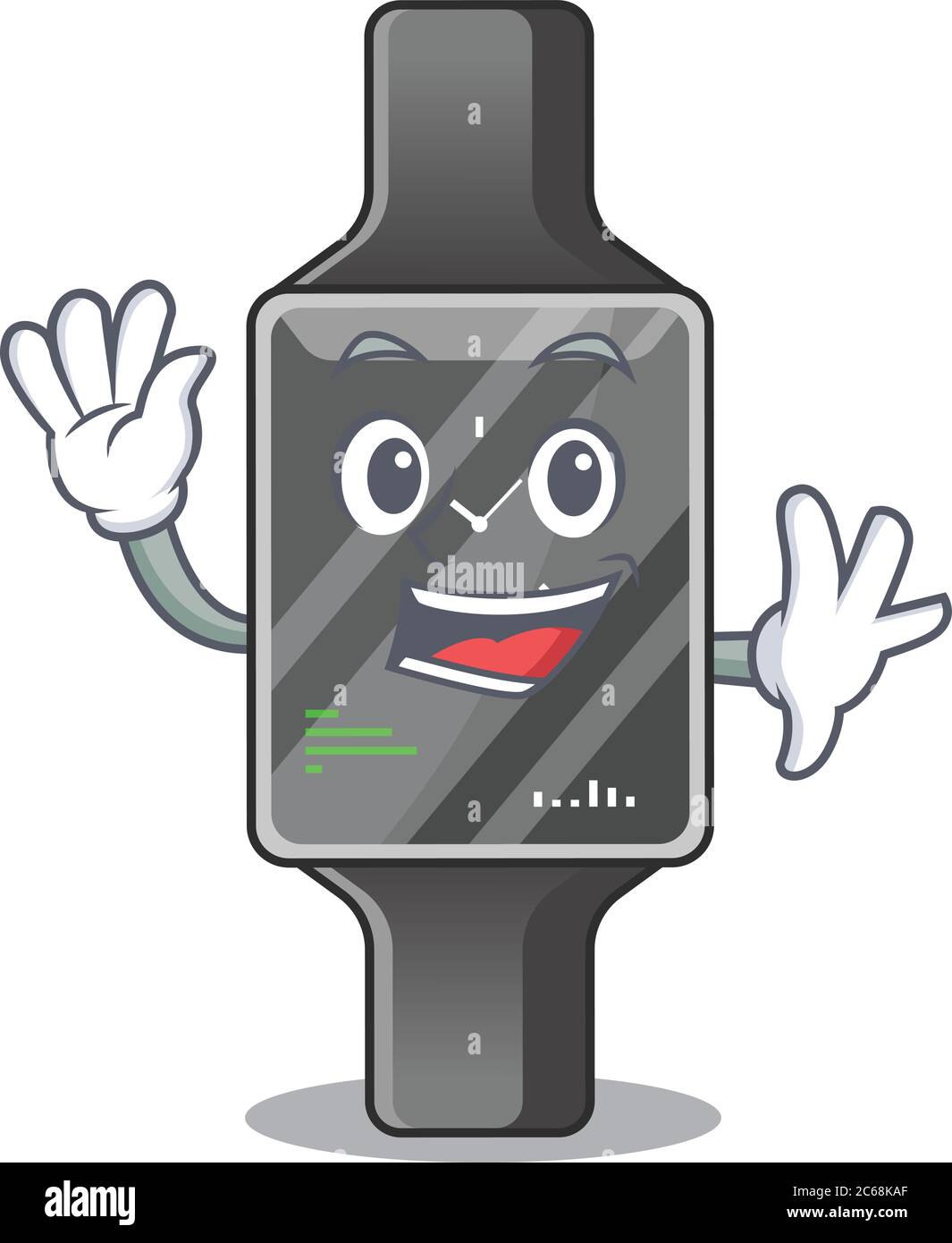 A charismatic smart watch mascot design concept smiling and waving hand ...
