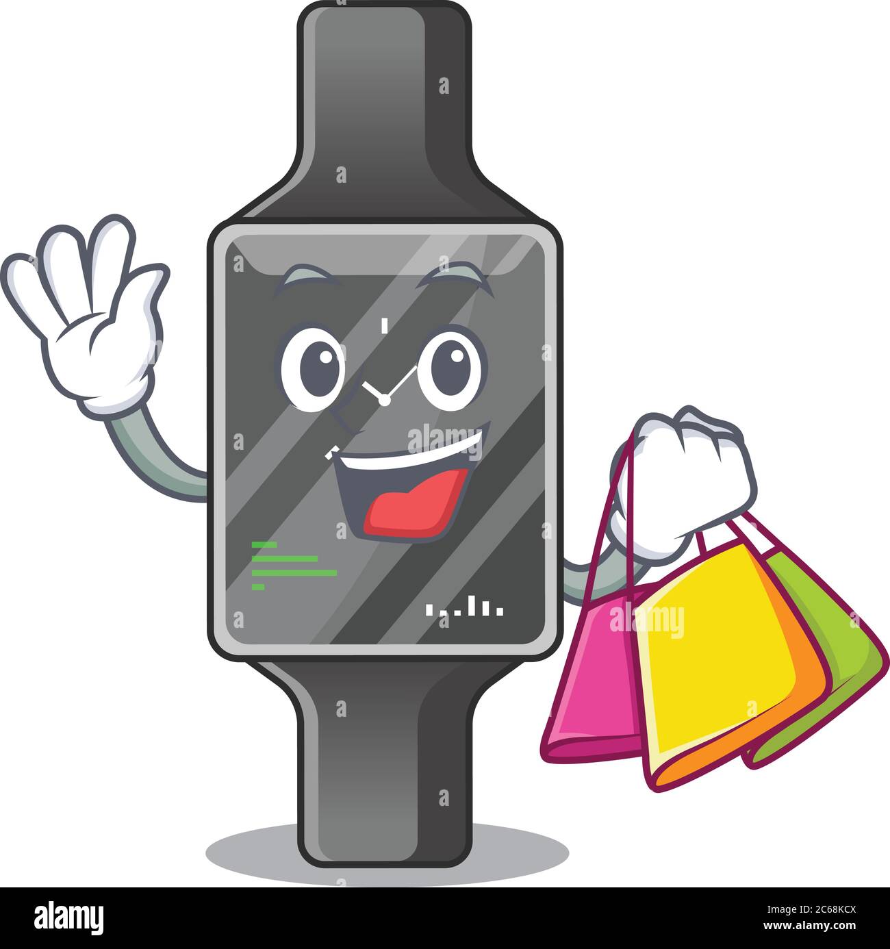 Smart watch wealthy cartoon character concept with shopping bags Stock ...