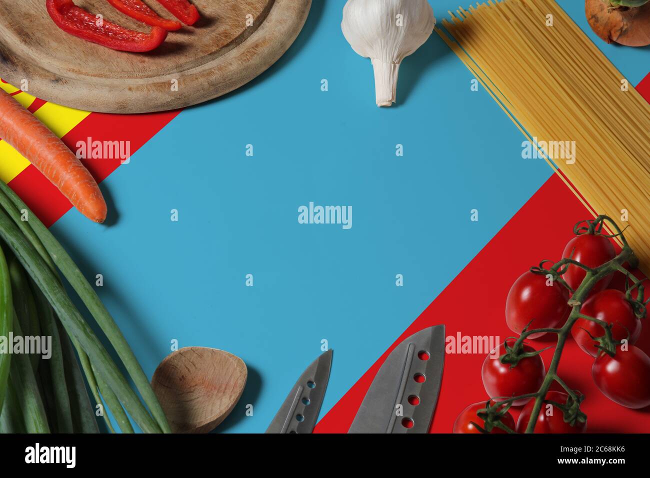 Mongolia flag on fresh vegetables and knife concept wooden table ...