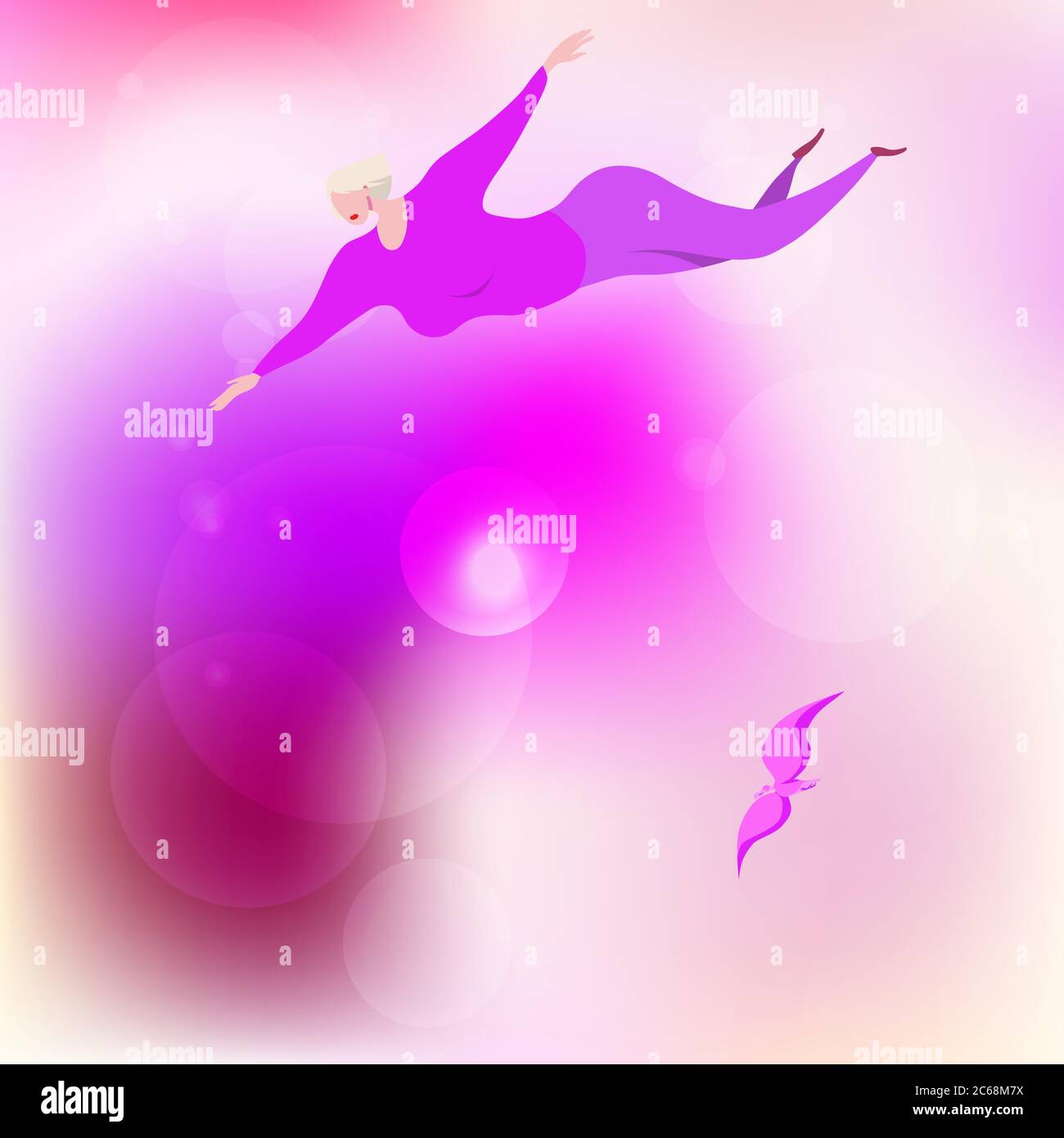 Freedom and liberation. Young attractive girl cartoon character flies ...