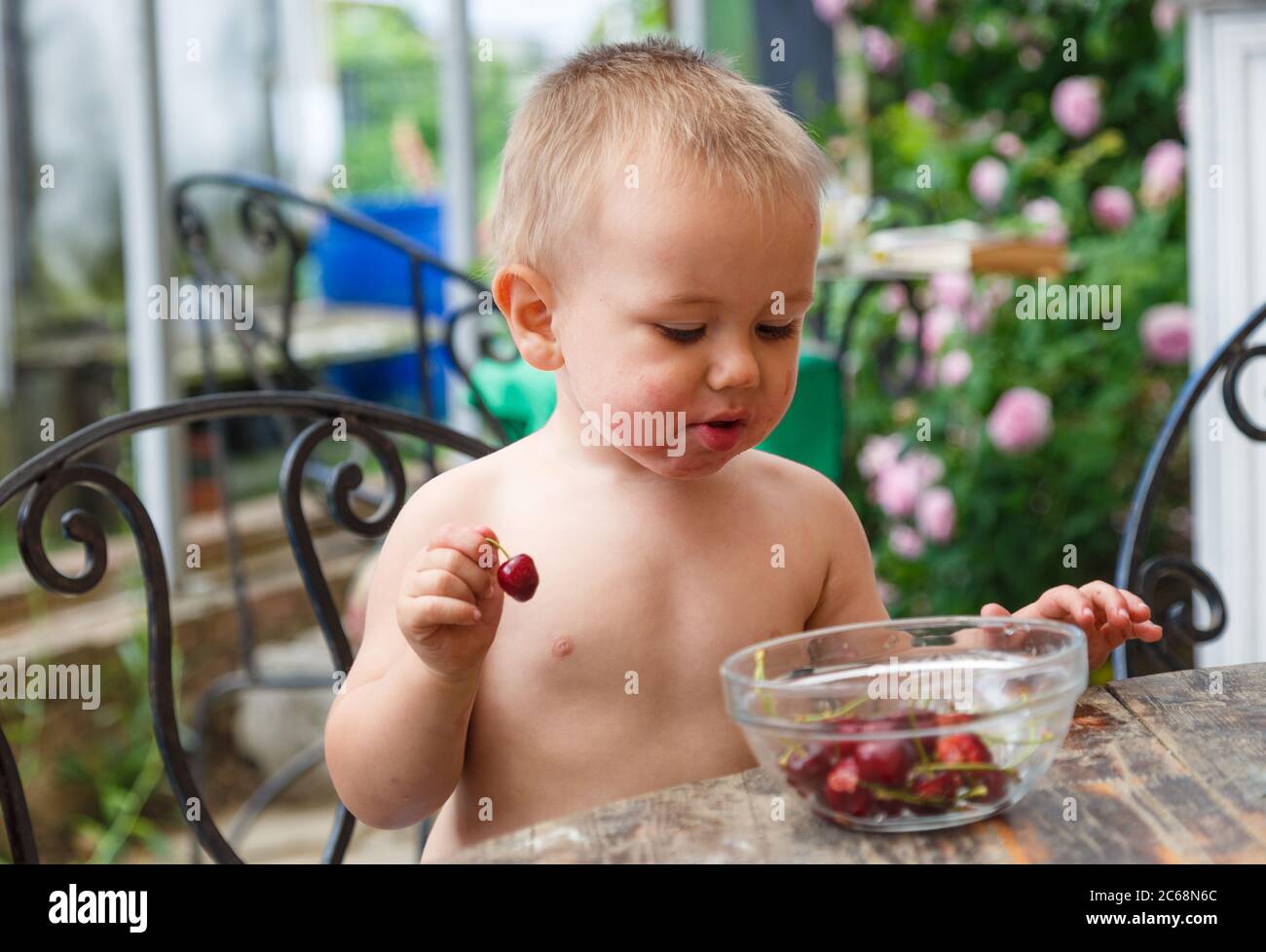 Cute happy boy eating sweet cherry, outdoor in garden Stock Photo - Alamy