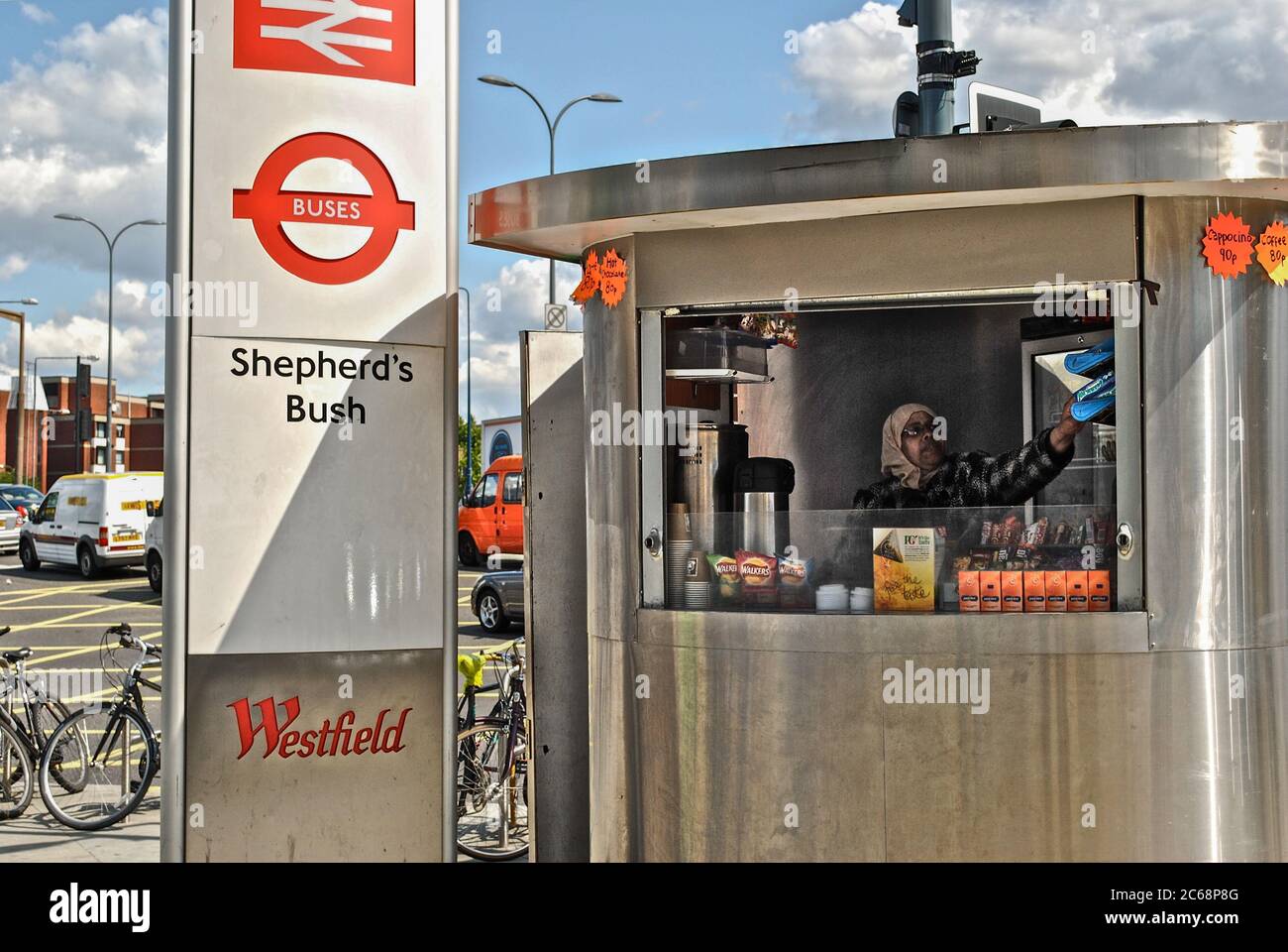 Bus stop and coffee kiosk at Westfield, Shepherds Bush, London, UK ...