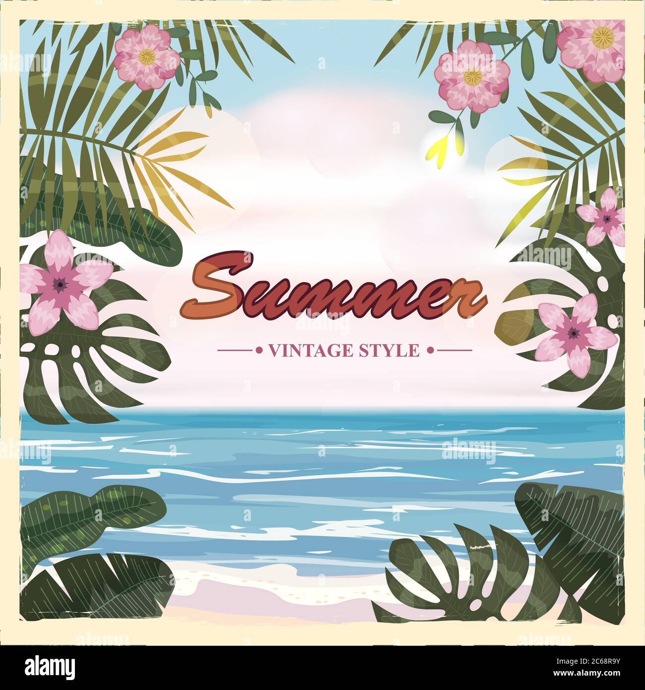 Vector summer retro poster background, flowers, beach, vector ...