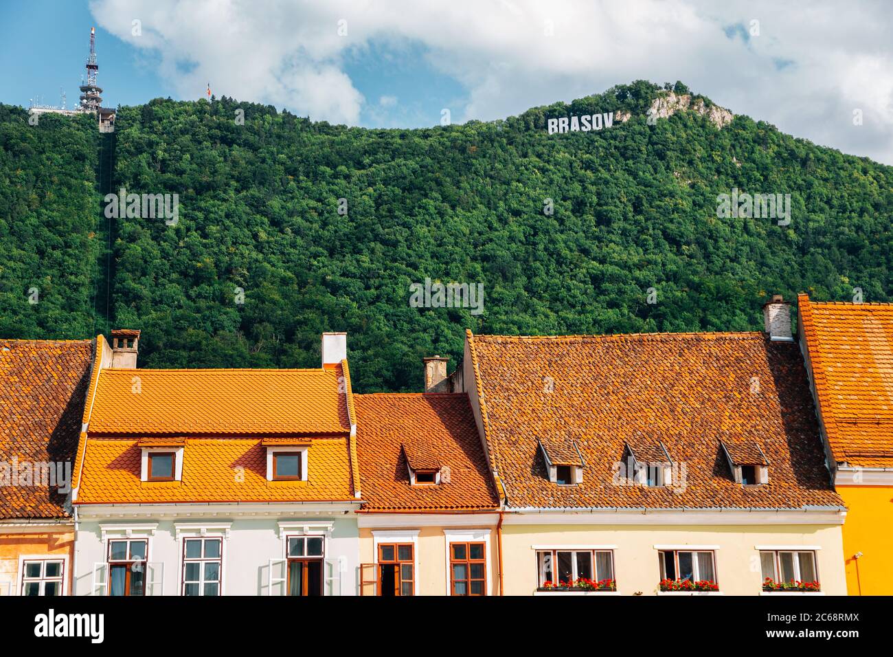 Medieval old town houses and Tampa mountain in Brasov, Romania Stock ...