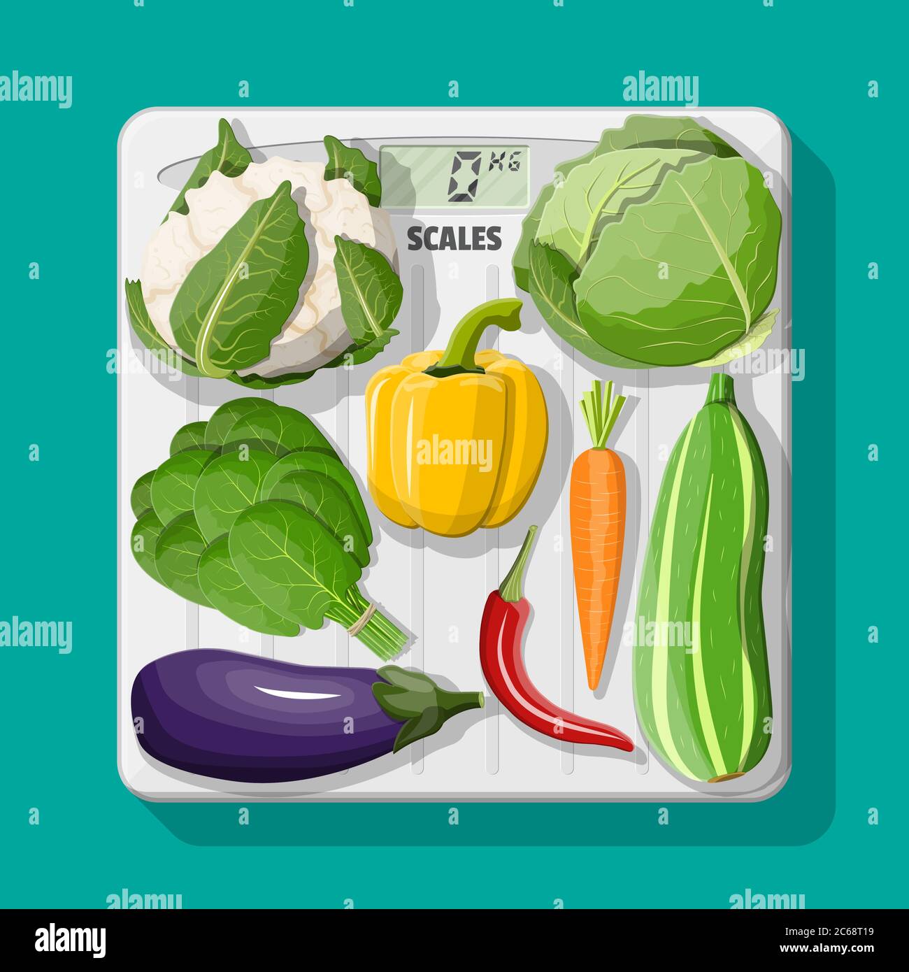 Body scales and fresh vegetables icons. Eggplant, pepper, cabbage ...