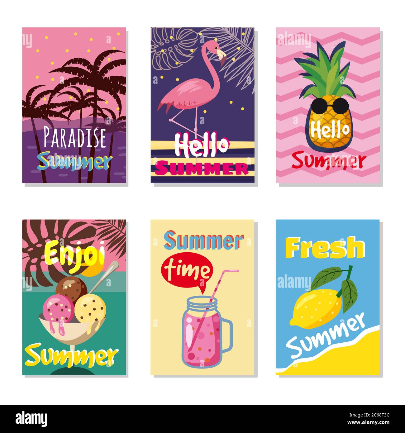 Vector set of bright summer cards. Beautiful summer posters with ...