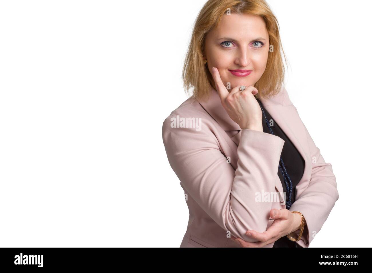 plus size caucasian business woman. isolated in white. hands touch the ...