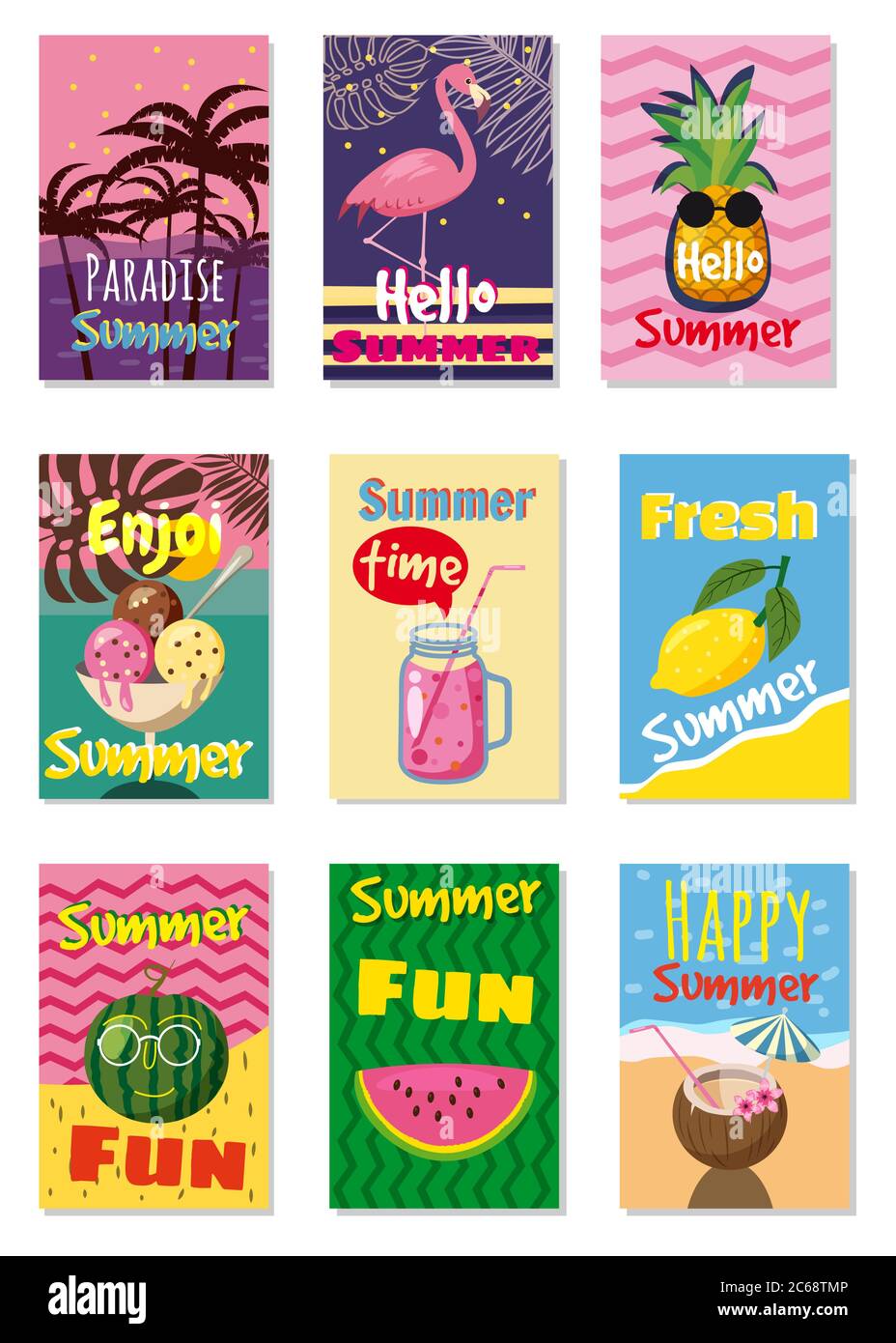 Vector set of bright summer cards. Beautiful summer posters with ...