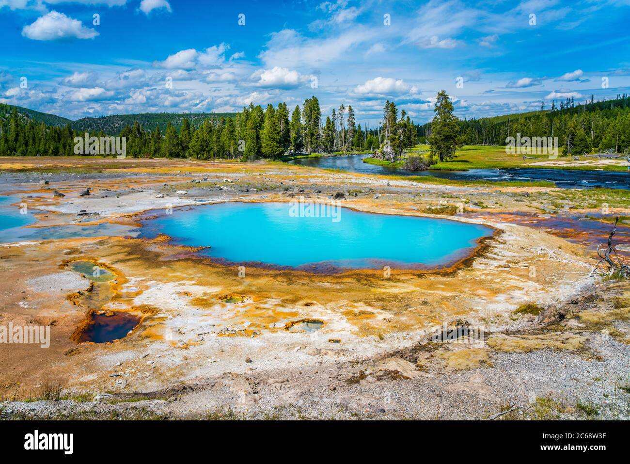 The colorful pools of hot springs in Yellowstone National Park, Wyoming ...