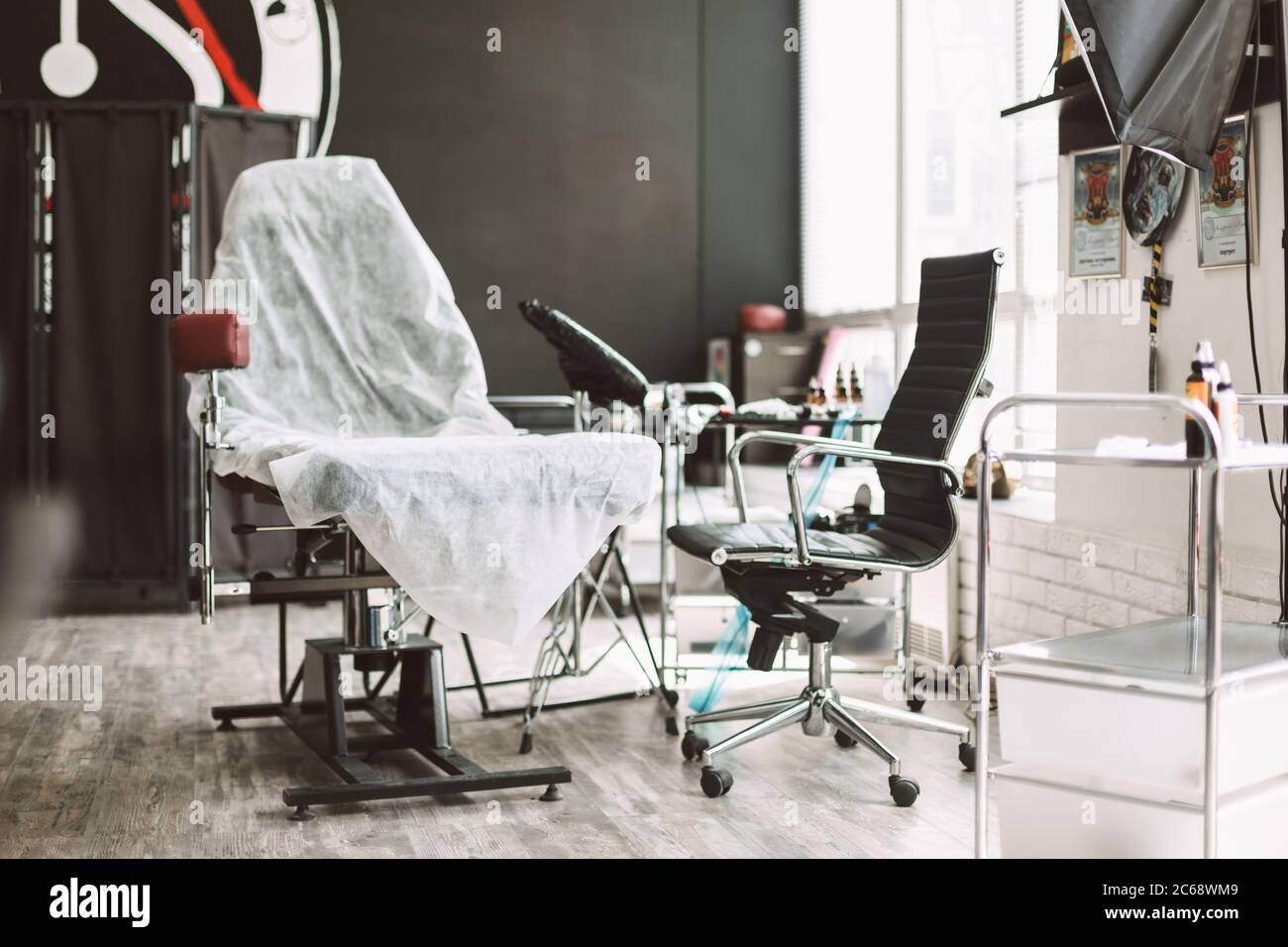 Beautiful interior of tattoo master workplace in tattoo studio Stock ...