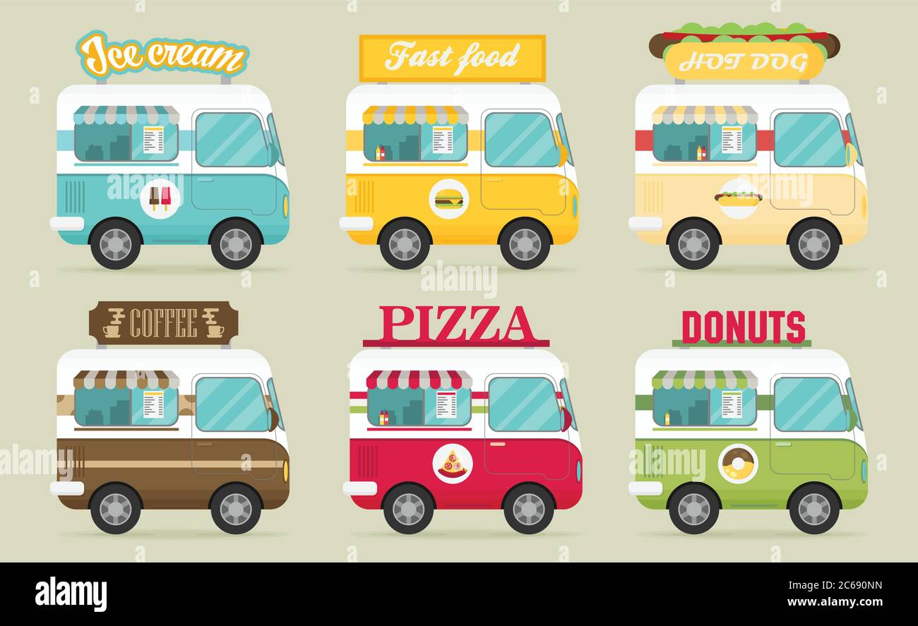 Street Fast Food Truck Set. Flat Design. Vector illustration Stock ...