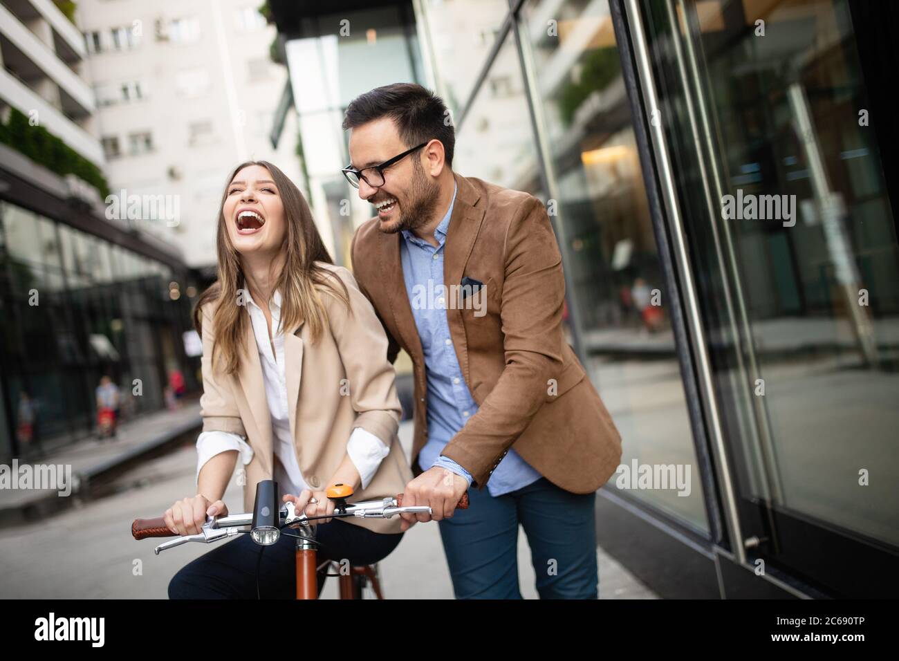 Office woman with business man couple enjoying break while talking ...