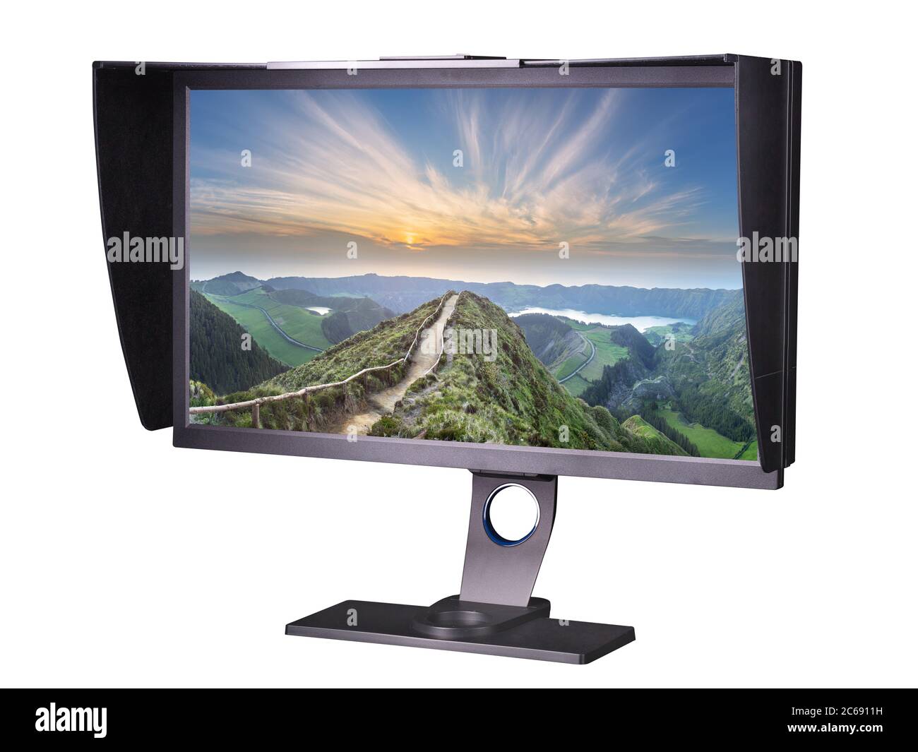 Professional photographer monitor with shading hood isolated on white ...