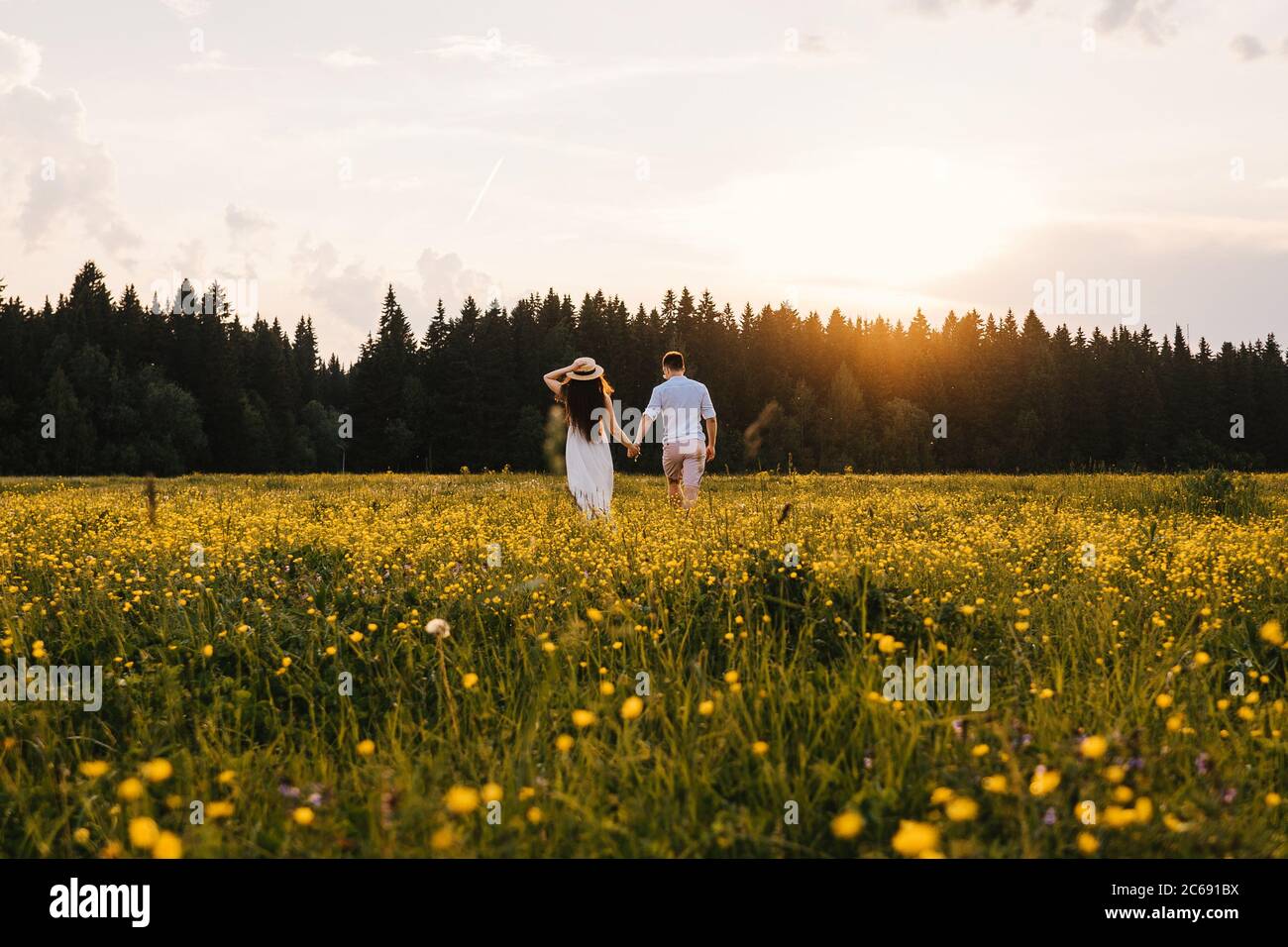 A couple in love runs across the field. Back view. Sunset light Stock ...