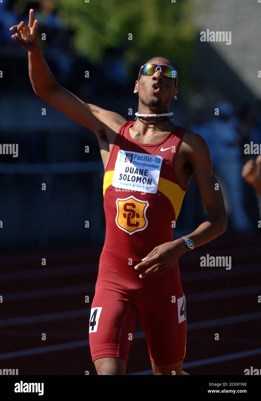 Eugene, United States. 14th May, 2006. Duane Solomon of USC celebrates ...