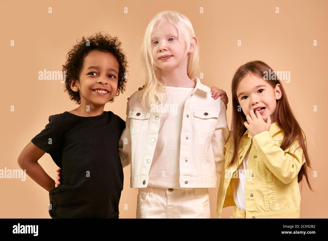diverse smiling positive children posing at camera, happy multiracial ...