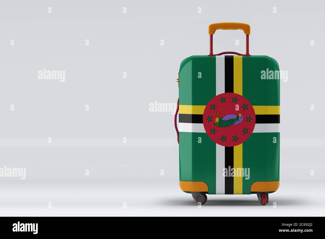 Dominica flag on a stylish suitcases back view on color background ...