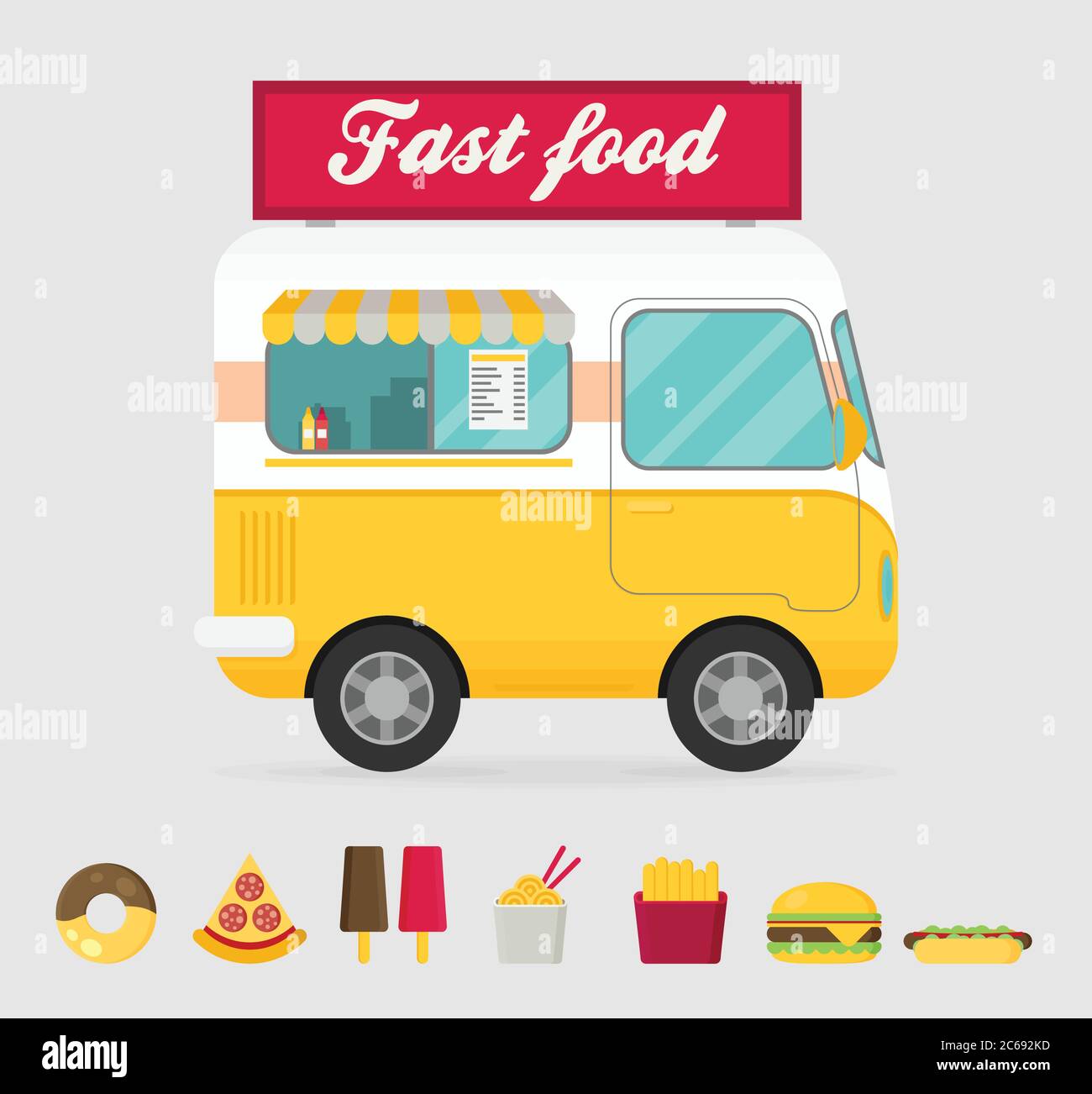 Street food truck vector illustration, food caravan. Burger van ...