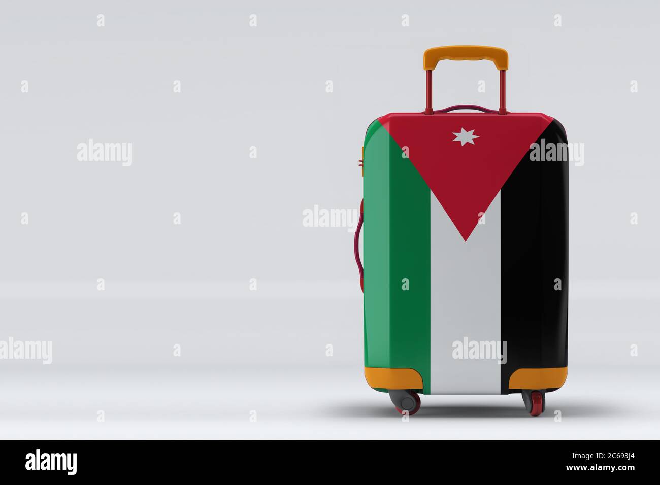 Jordan flag on a stylish suitcases back view on color background. Space ...