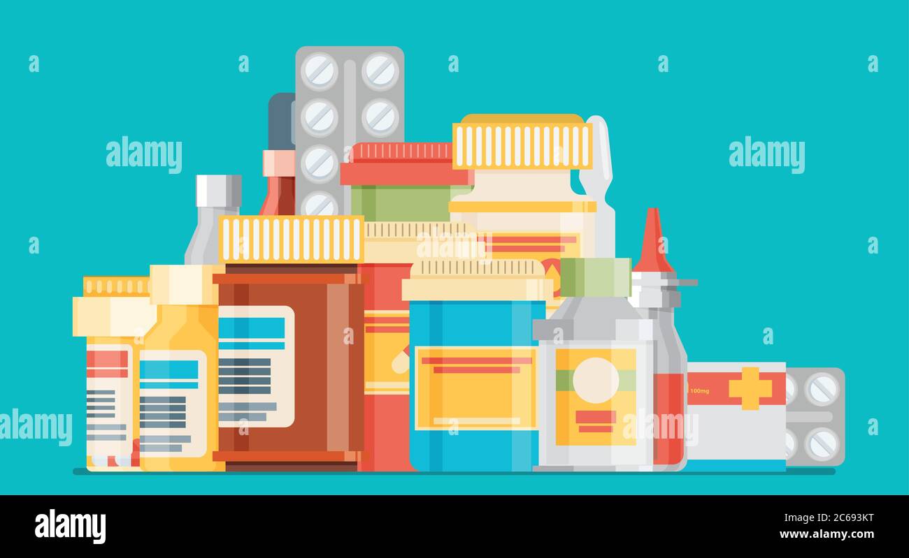 Medicine bottles collection. Bottles of drugs, tablets, capsules and ...