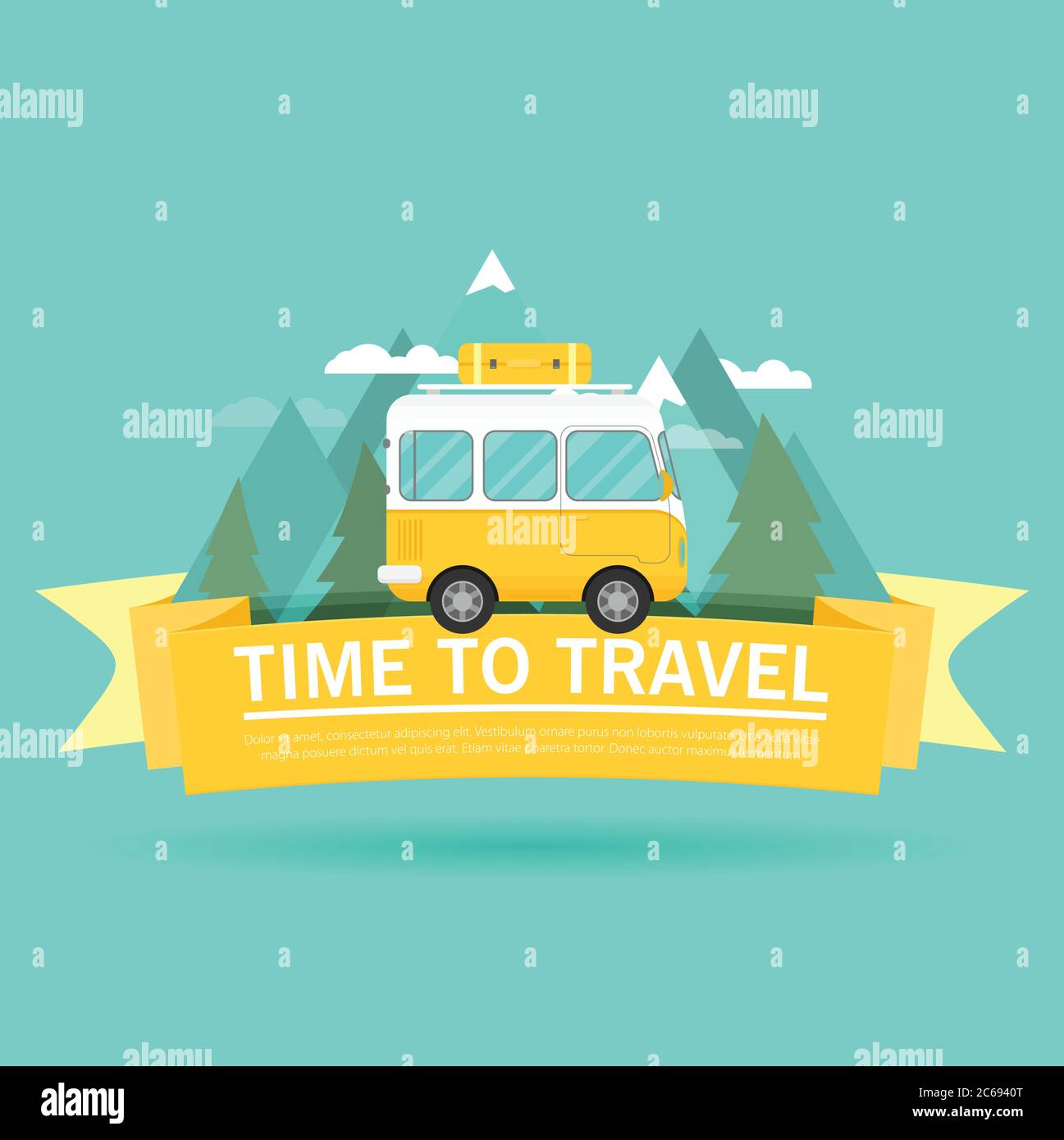 Time to travel banner. Mountain, forest, bus in flat design concept ...