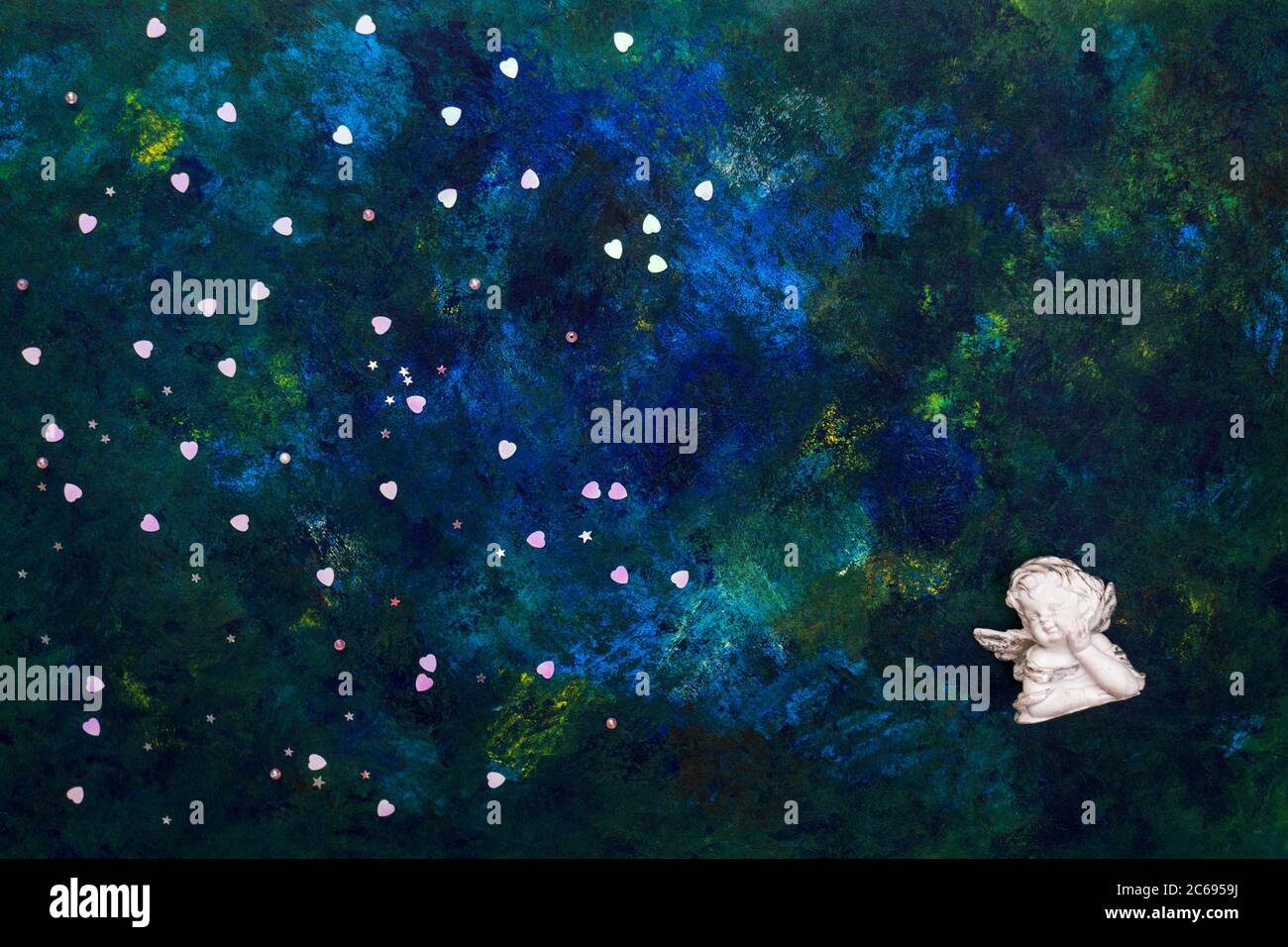 Valentines day concept. Cupid and pink hearts, beads and stars. As ...