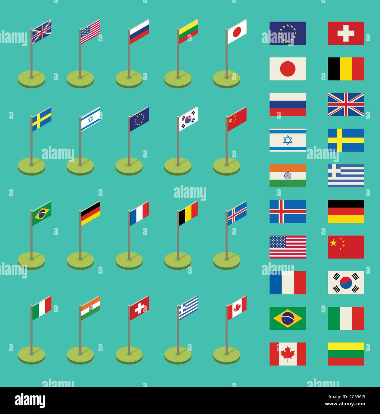 Isometric flags icons in flat style. Simple flags of the countries ...