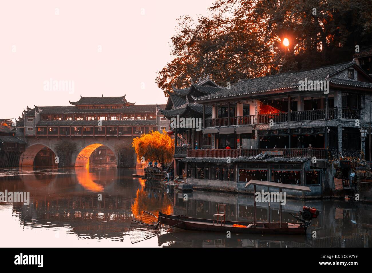 Feng Huang, China - August 2019 : Morning view of the old historic ...