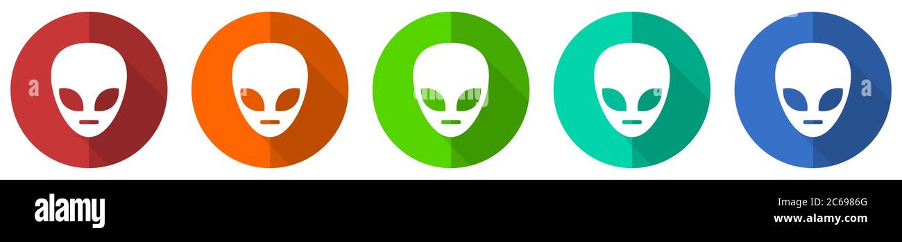 Alien face icon set, red, blue, green and orange flat design web ...
