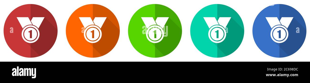 Badge icon set, first, number one, red, blue, green and orange flat ...