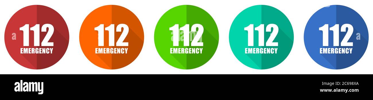 Number emergency 112 icon set, red, blue, green and orange flat design ...