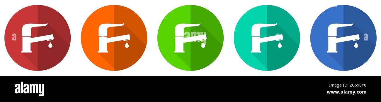 Water faucet, modern tap icon set, red, blue, green and orange flat ...