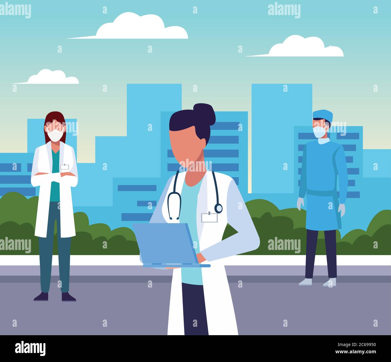 group of doctors wearing medical masks on the city vector illustration ...