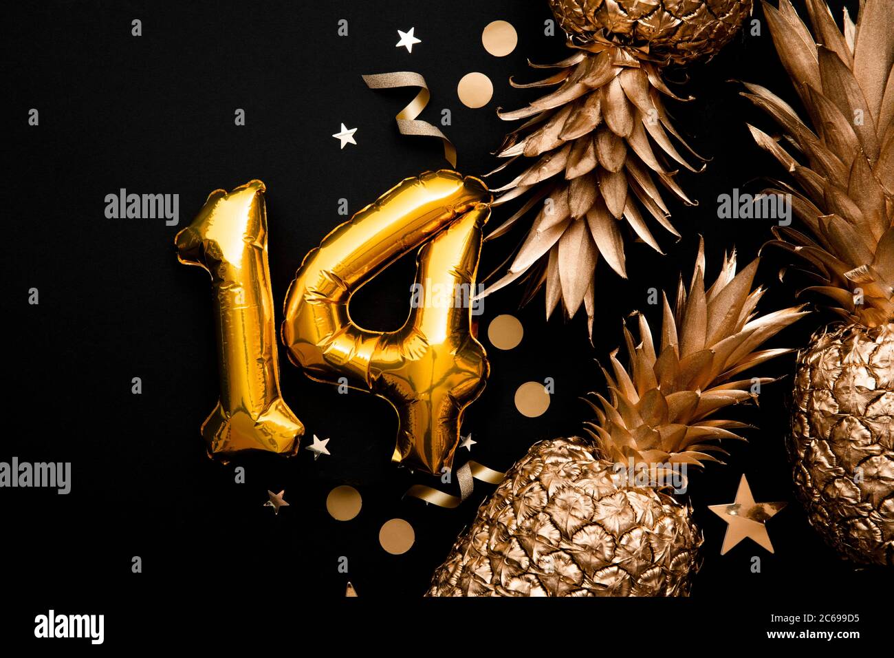 14th birthday celebration background with gold balloons and golden ...