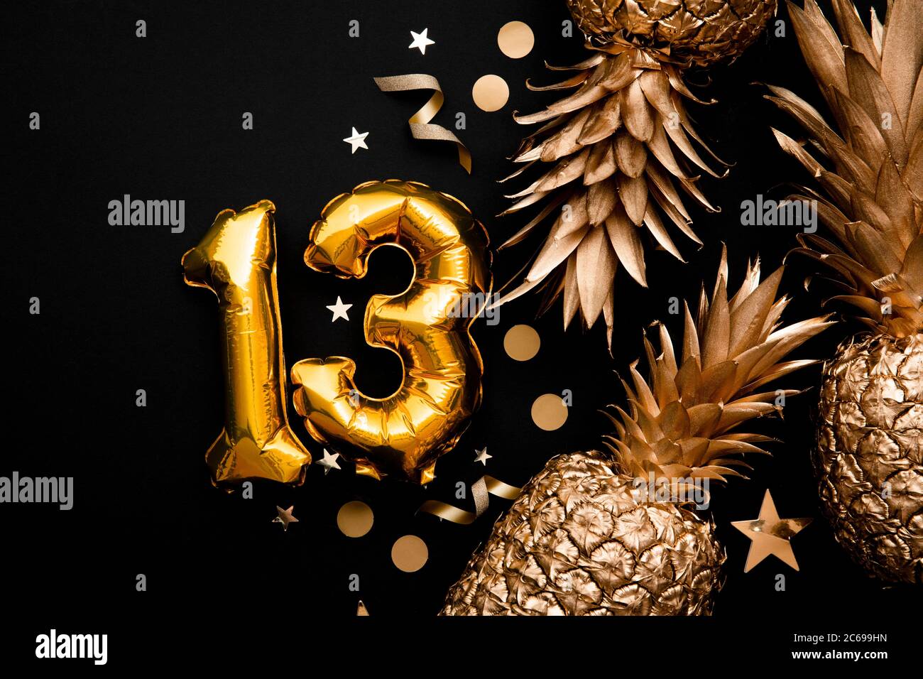13th birthday celebration background with gold balloons and golden ...