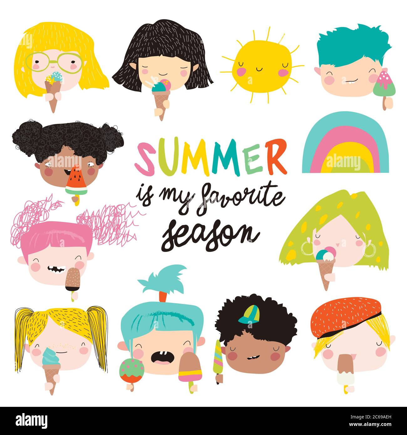 Cute kids faces with ice cream on a white background Stock Vector Image ...