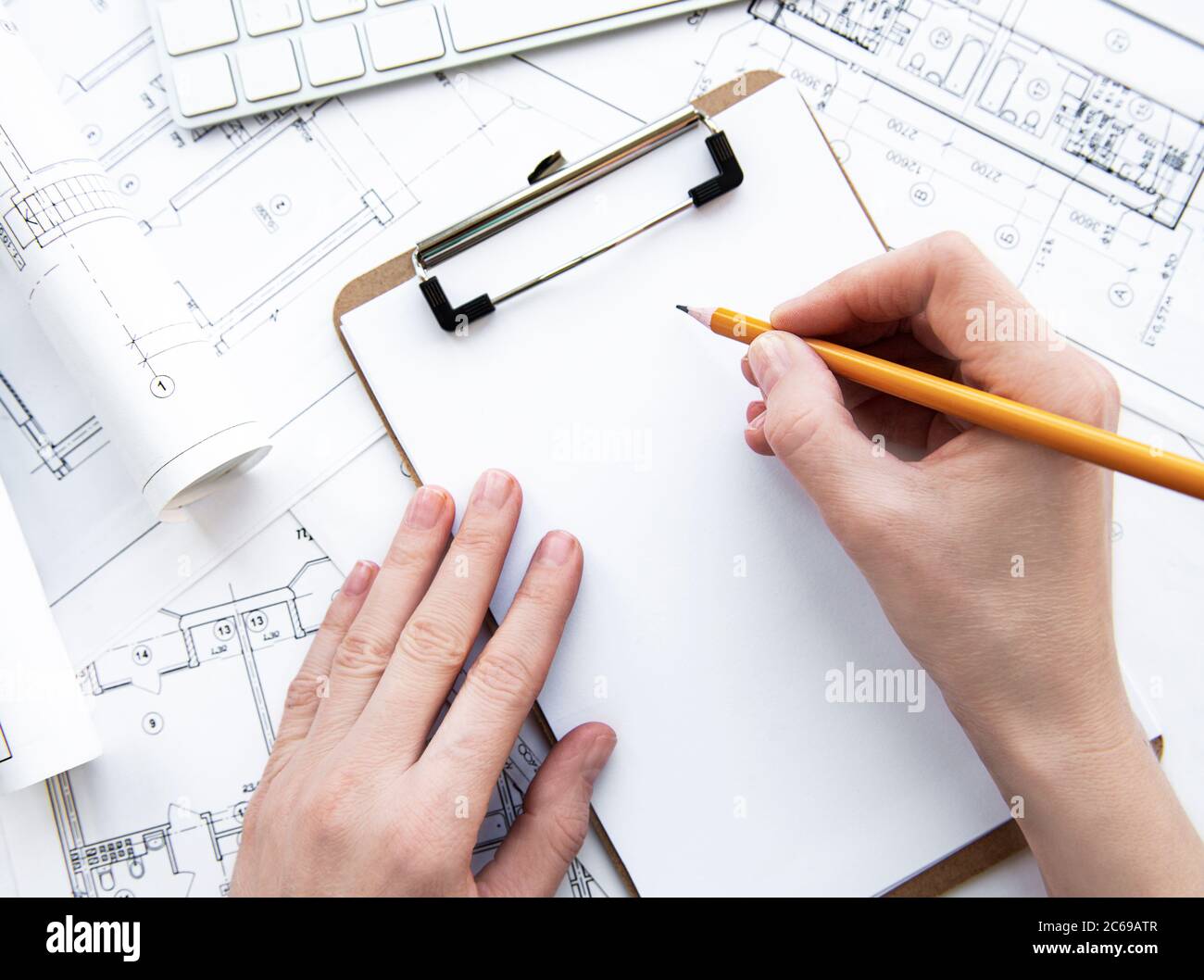Architect workplace top view. Architectural project, blueprints ...