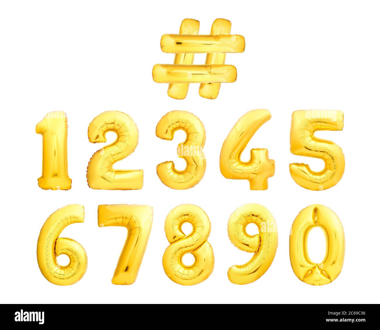Numbers set with hashtag symbol made of golden inflatable balloons ...