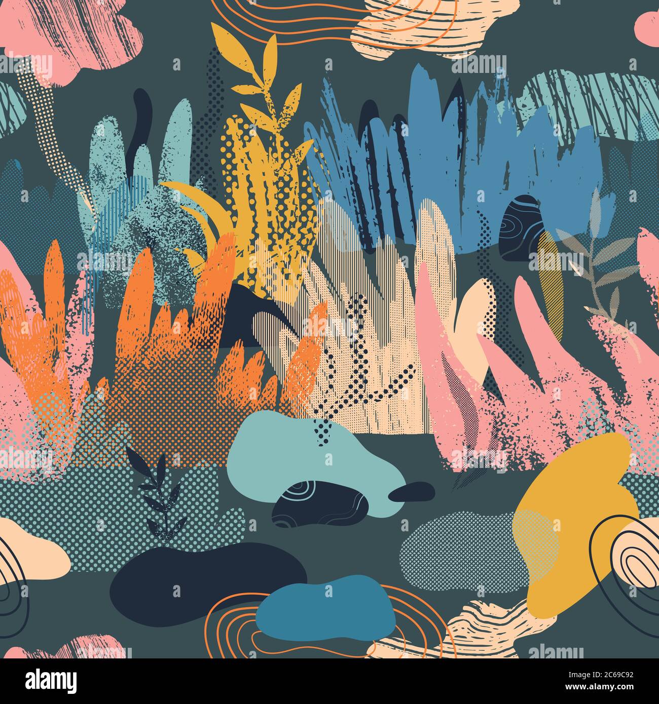 Vector seamless pattern with abstract plants and geometric shapes Stock ...