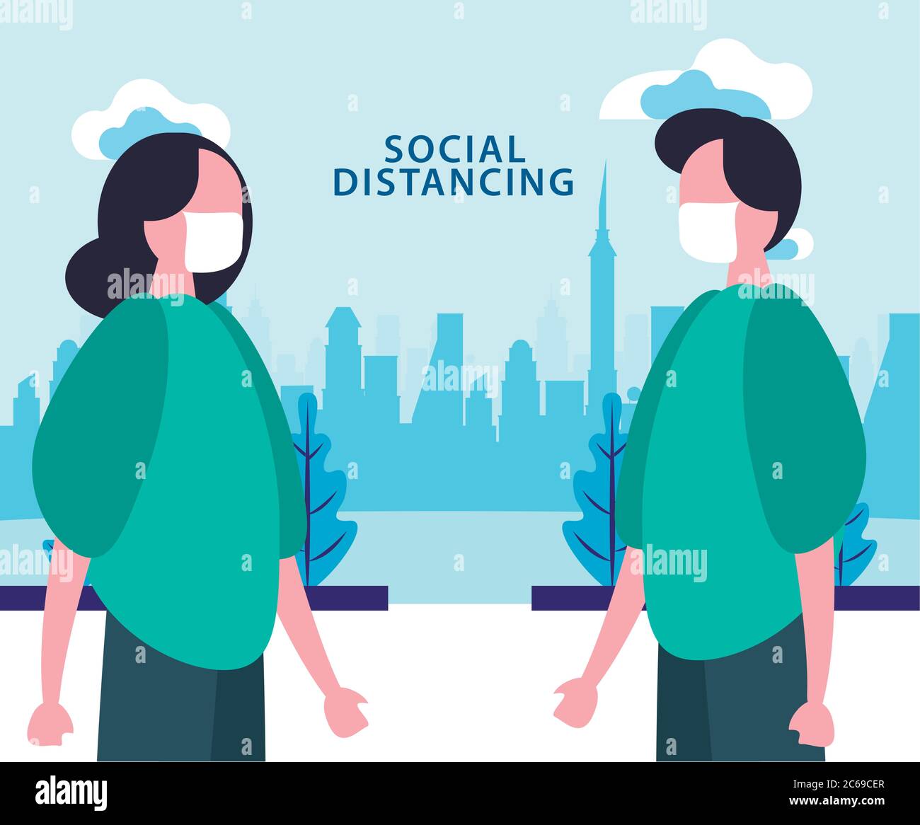 couple using face masks with social distancing for covid19 vector ...