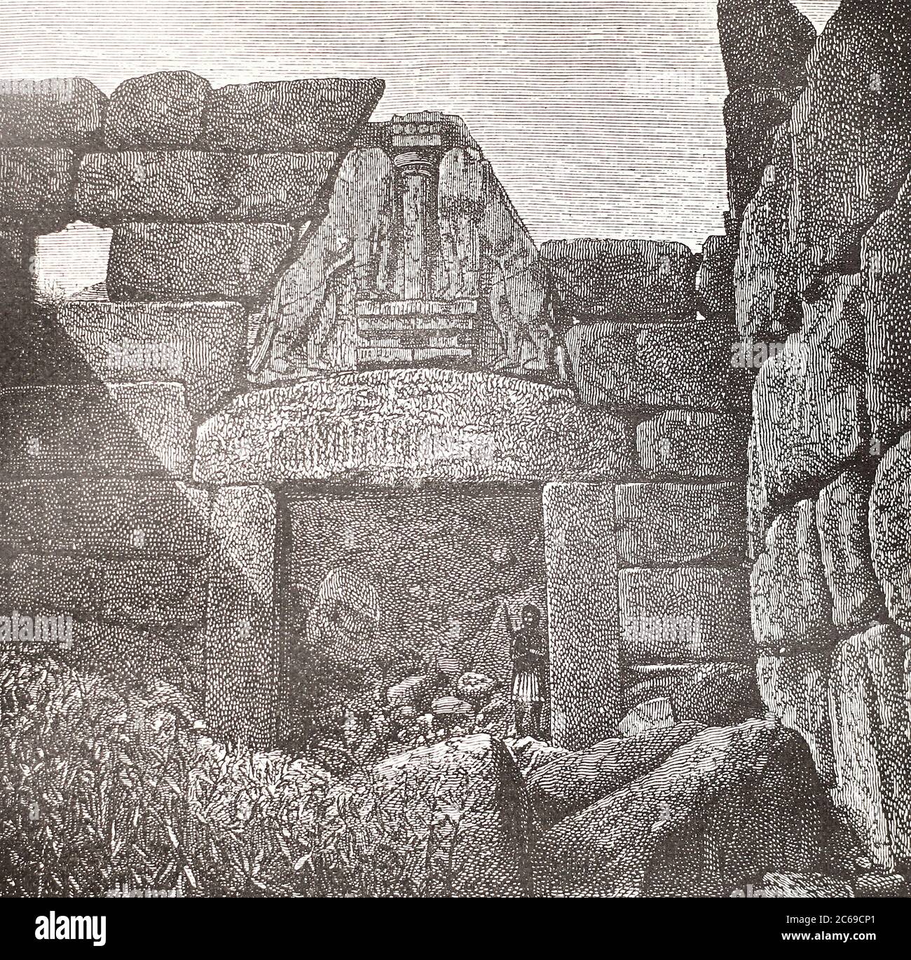 The Lion Gate of the Acropolis of Mycenae. Engraving of the 19th ...