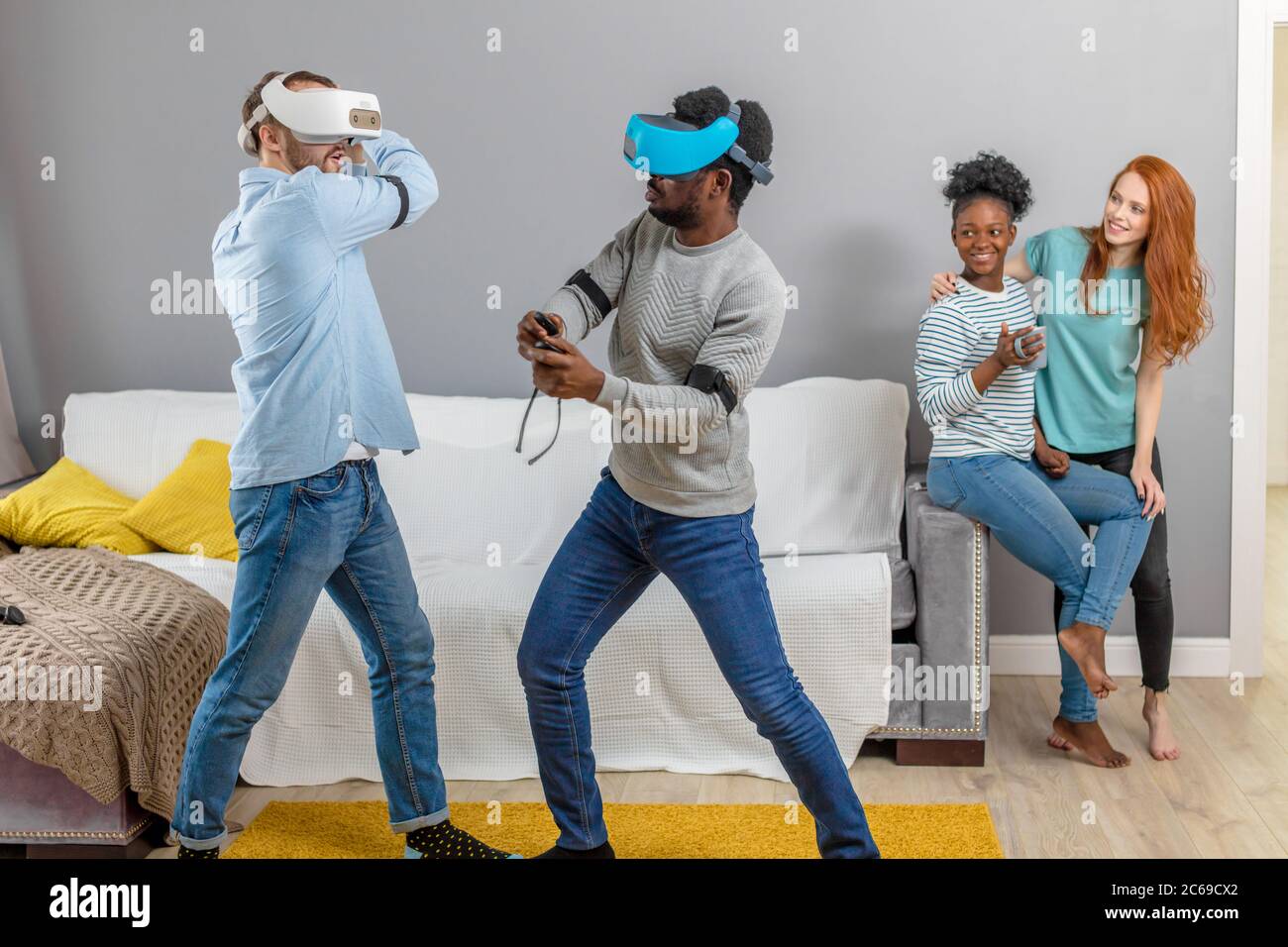 International diverse students resting together with glasses of virtual ...