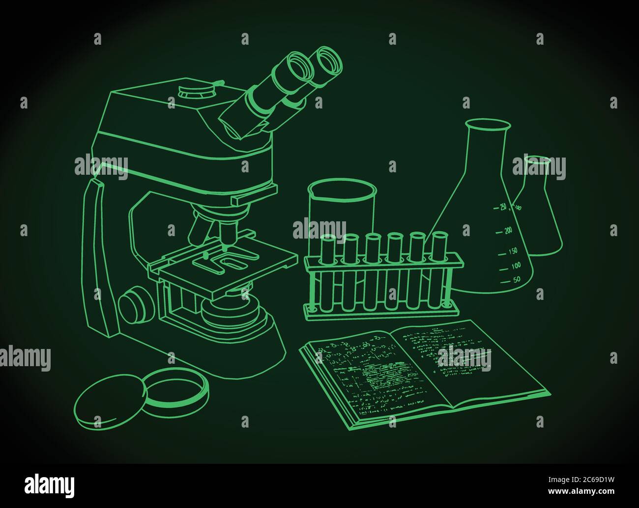 Stylized vector illustration of laboratory equipment. Microscope, test ...