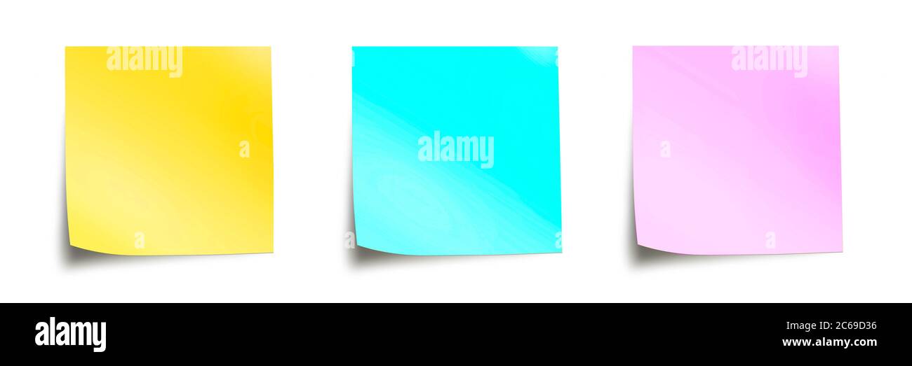 Three pastel colored sticky notes isolated on panoramic white ...