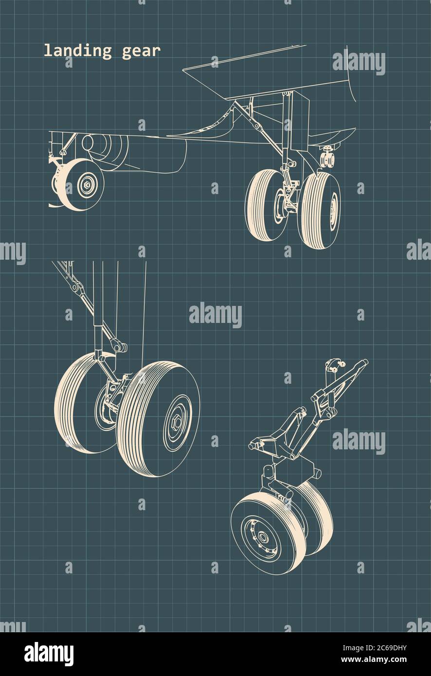 Stylized vector illustration of drawings of an airplane landing gear ...