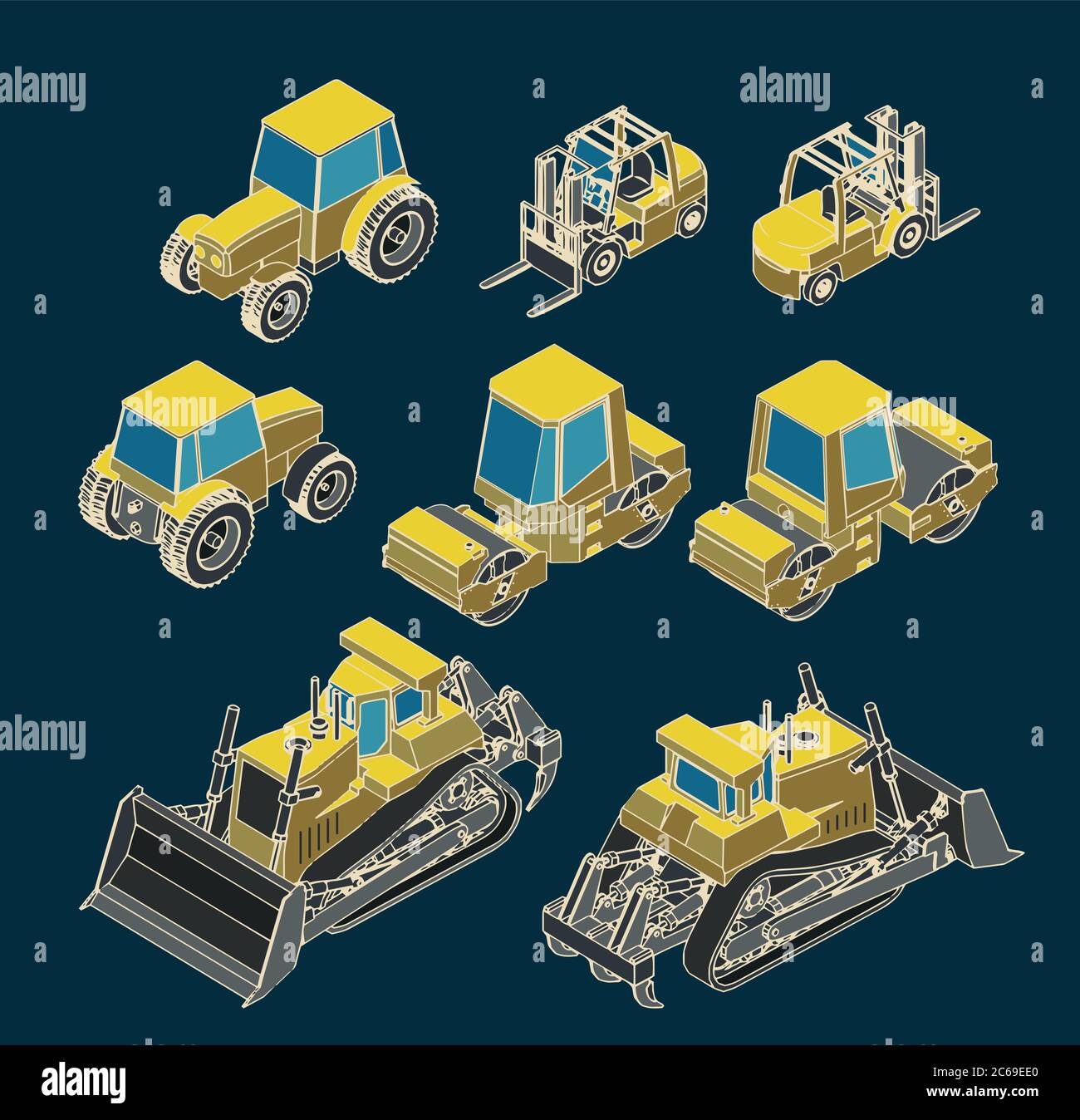 Set of stylized vector illustrations of heavy industrial equipment ...