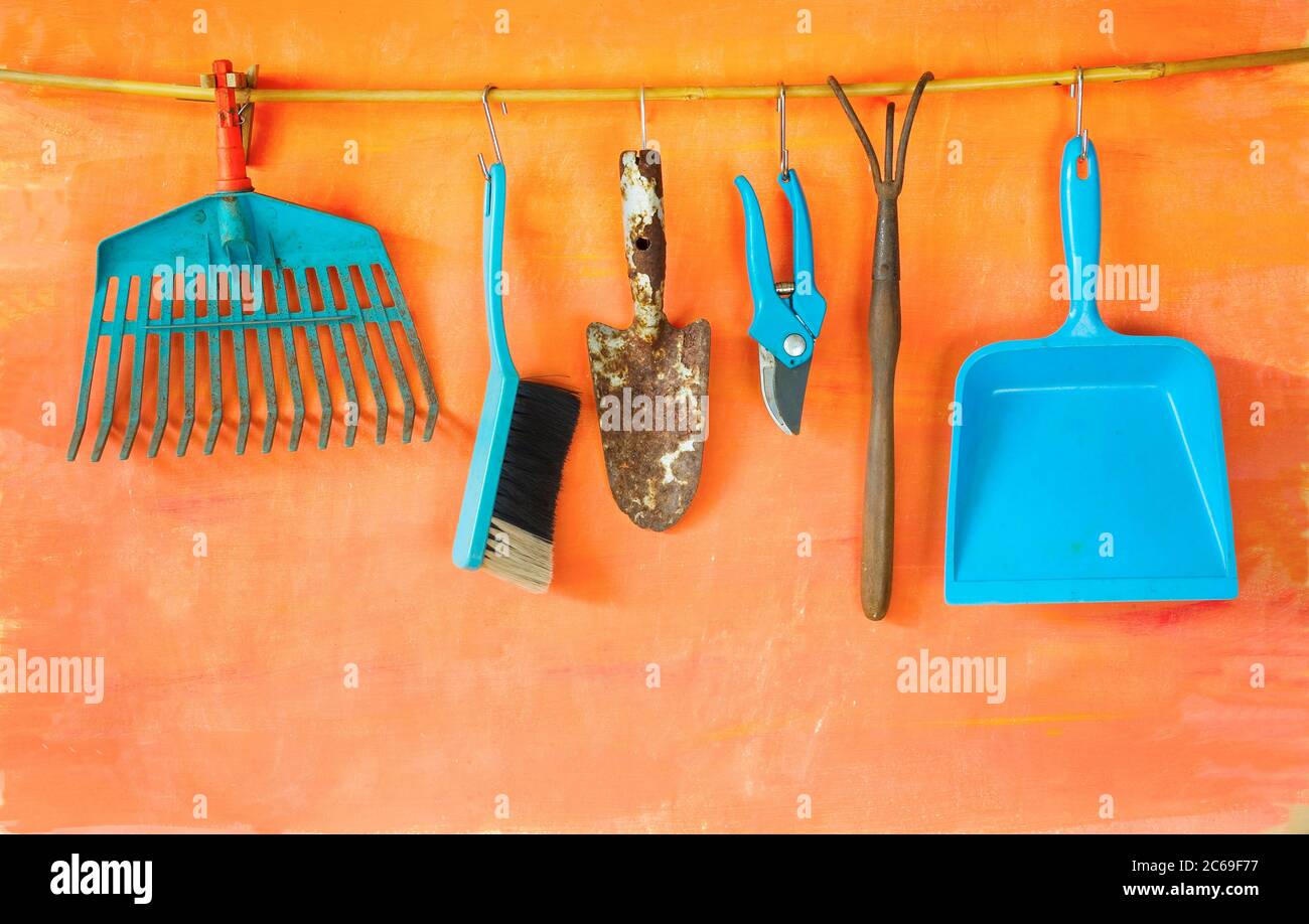 various hanging gardening tools Stock Photo - Alamy