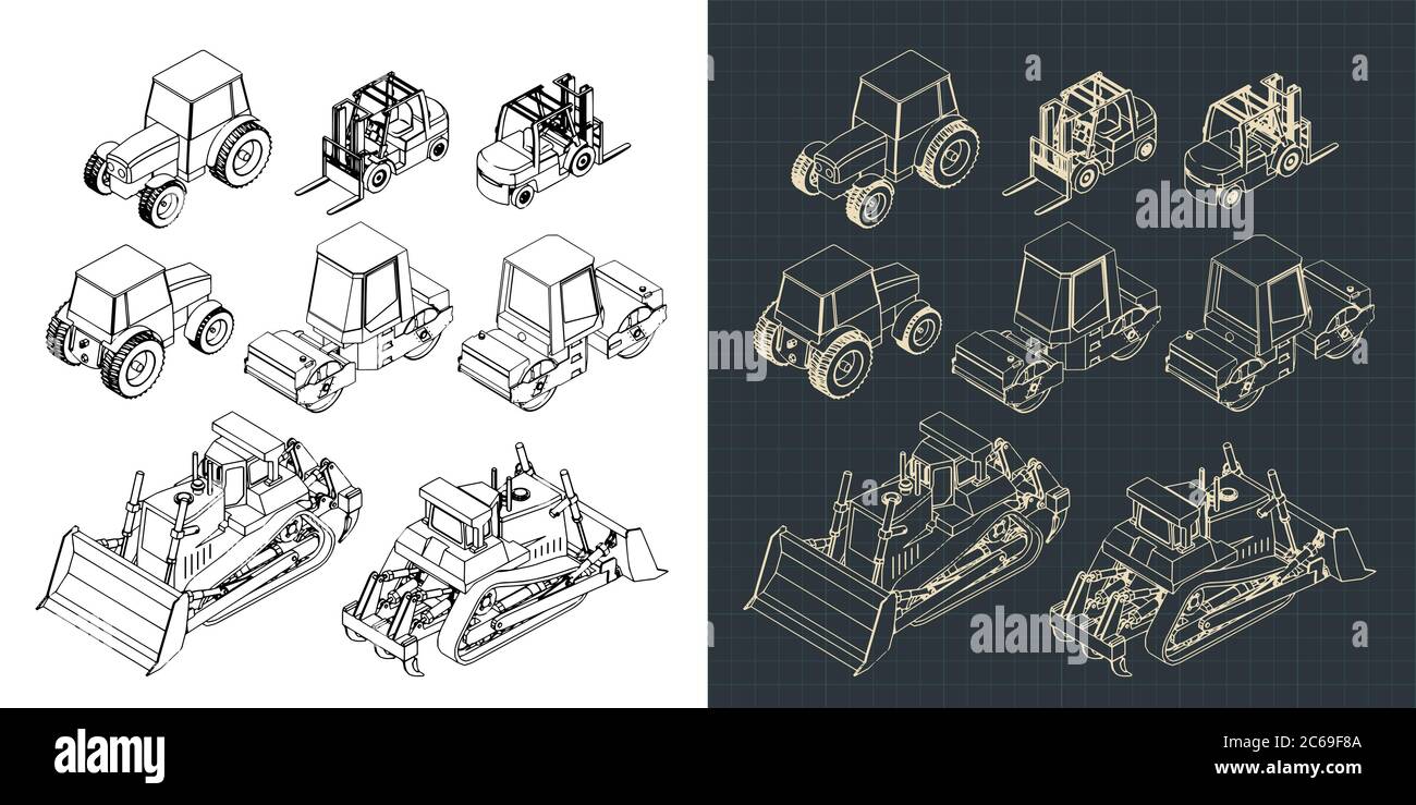 Set of stylized vector illustrations of heavy industrial equipment ...