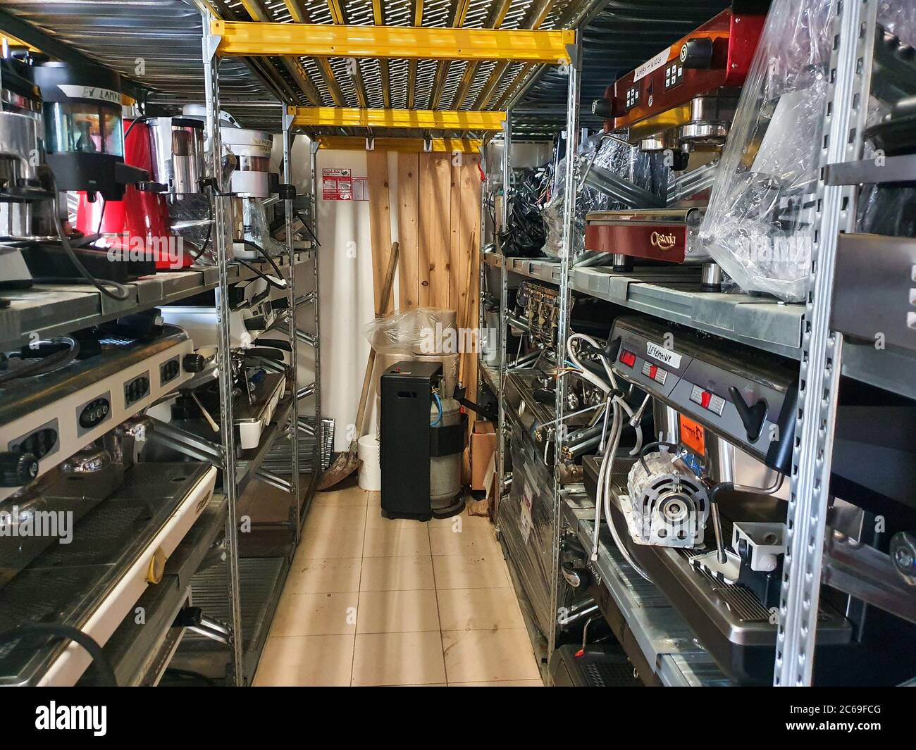 terni,italy july 08 2020:aisle of a warehouse of coffee machines Stock ...
