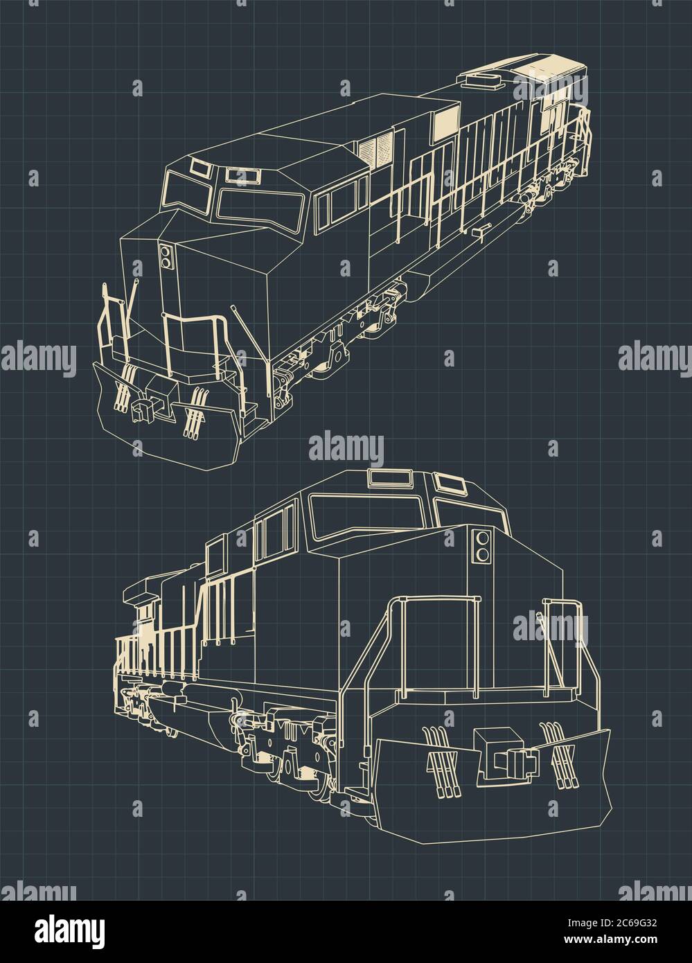 Stylized vector illustration of drawings of a classic diesel locomotive ...